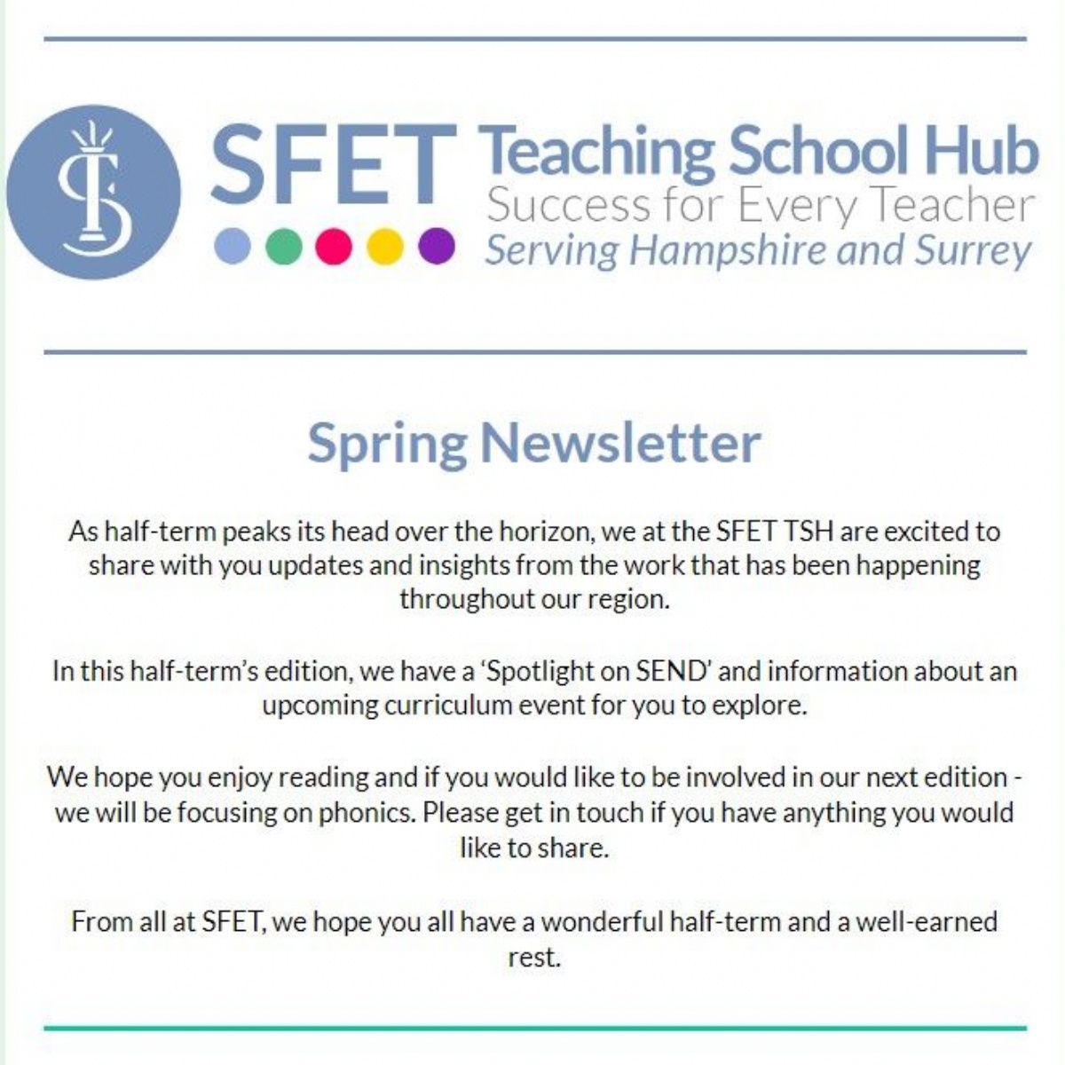 South Farnham Teaching Hub - SFET Teaching School Hubs - Spring Term ...